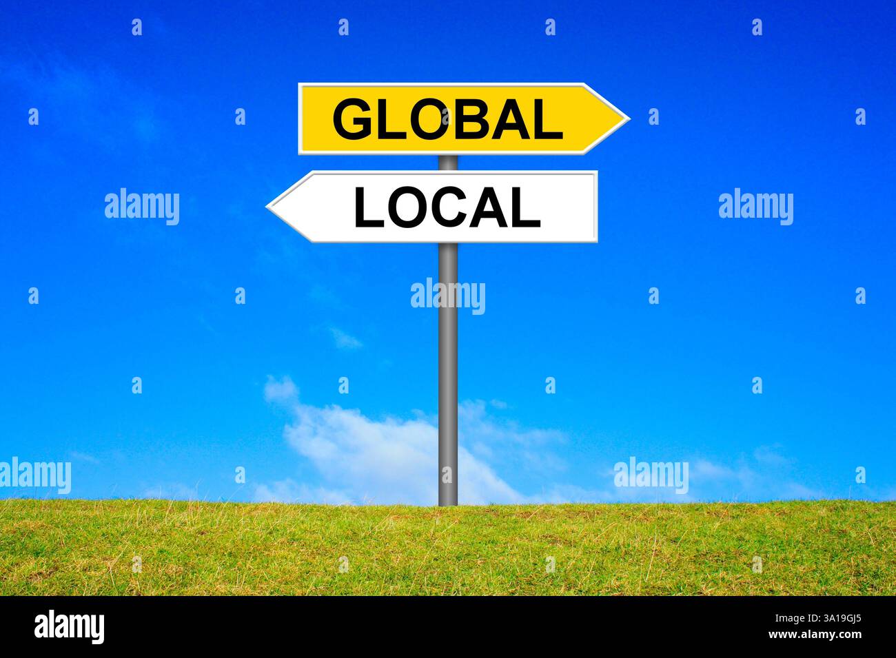 Signpost sign points in the directions Global and Local Stock Photo - Alamy