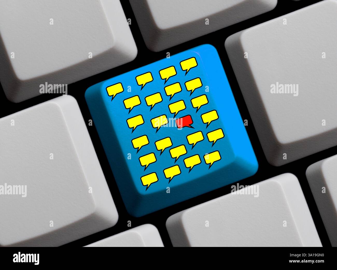 Blue keyboard with many speech bubbles shows freedom of expression ...