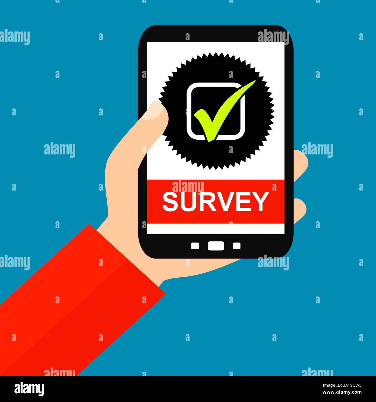 Hand with smartphone: Survey - Flat Design Stock Photo - Alamy