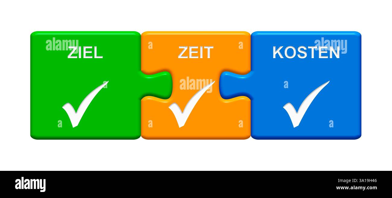 Isolated puzzle button of three pieces with tick symbol shows target ...
