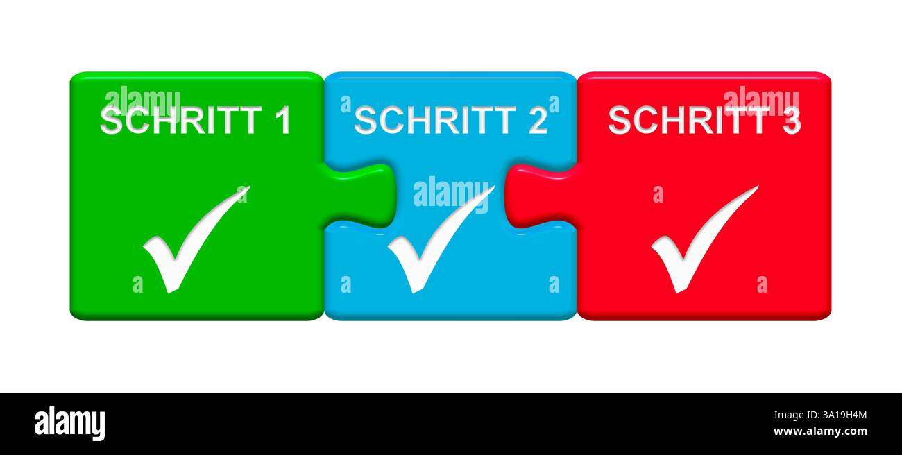 Isolated puzzle button consisting of three parts with tick symbol shows ...