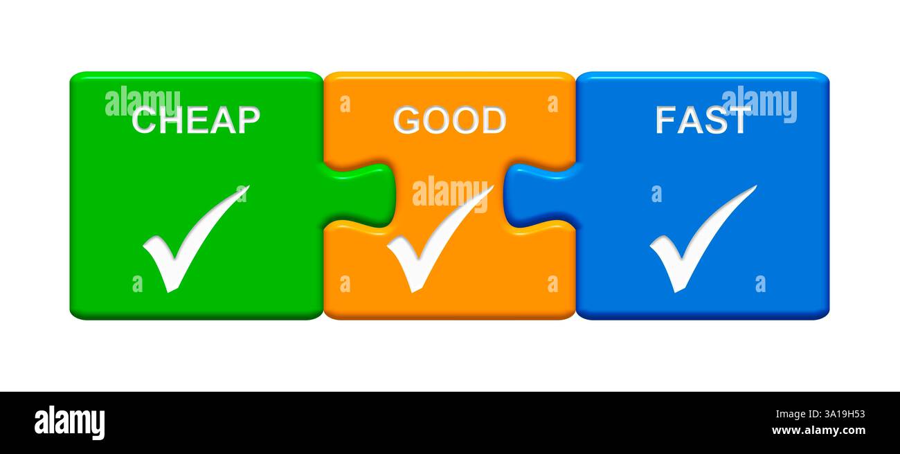 Isolated three-piece puzzle button with tick symbol showing Cheap Good ...