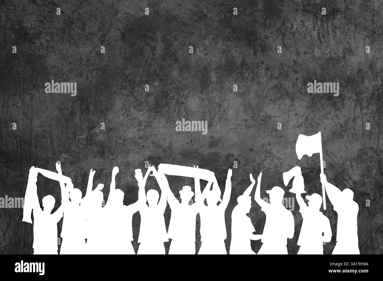 Cheering fans with white paint in front of a dirty gray stone texture ...