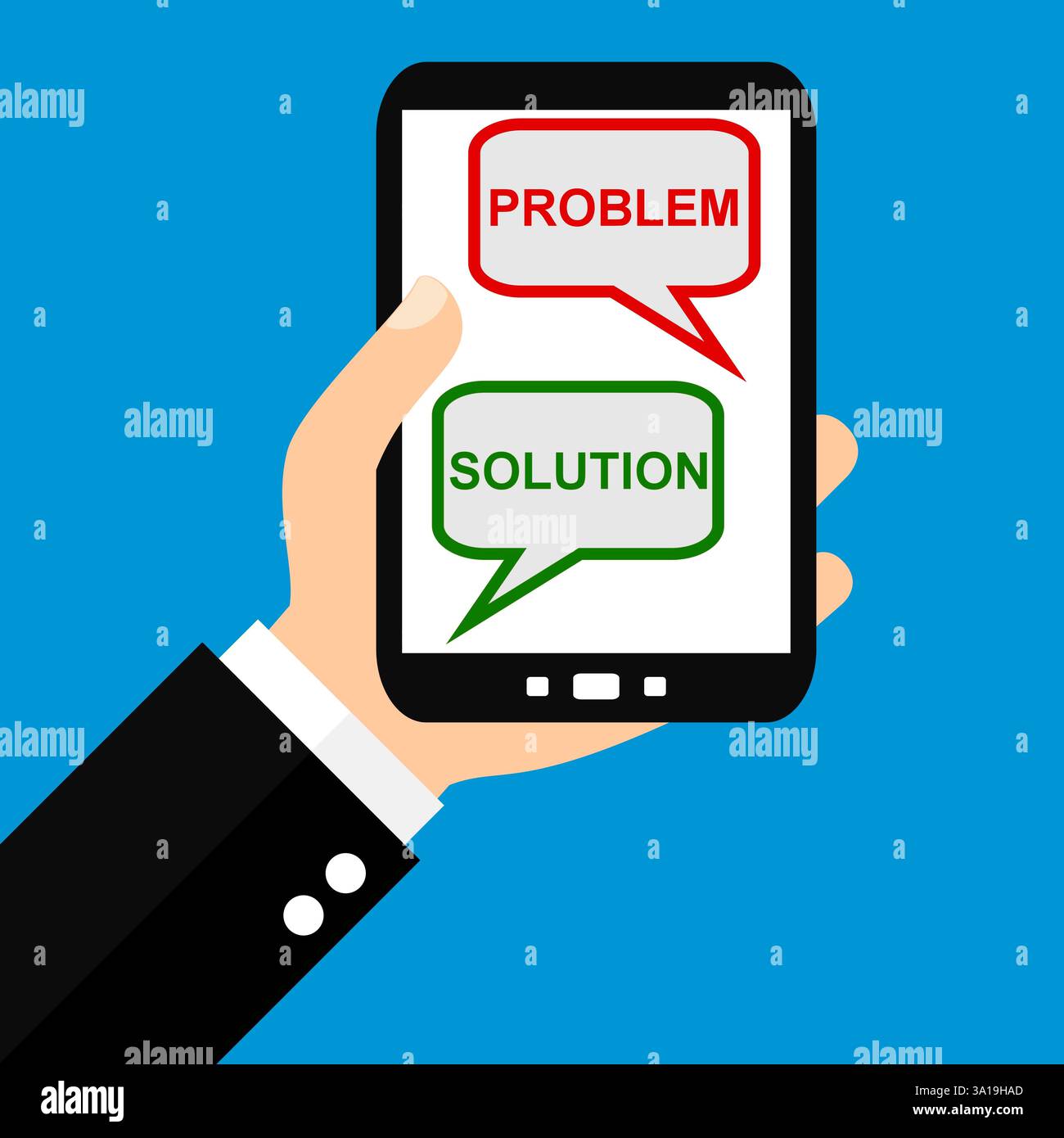 Hand with smartphone: Problem Solution - Flat Design Stock Photo - Alamy