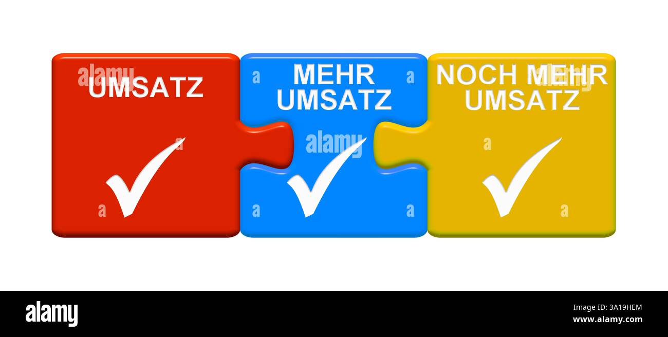 Isolated three-piece puzzle button with tick symbol shows sales, more ...