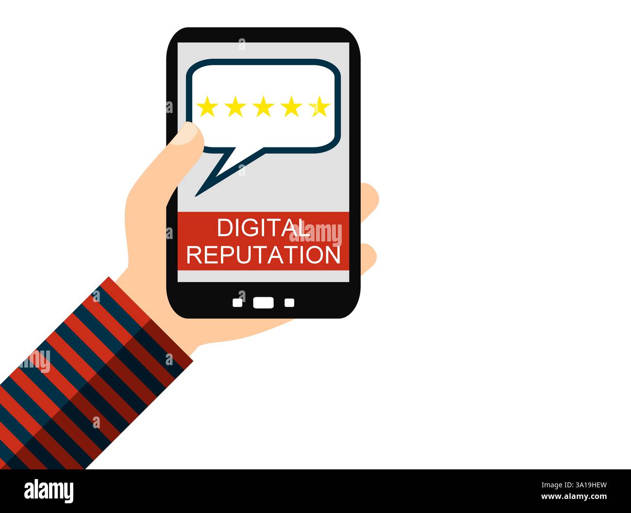 Hand with smartphone: Digital Reputation - Flat Design Stock Photo - Alamy