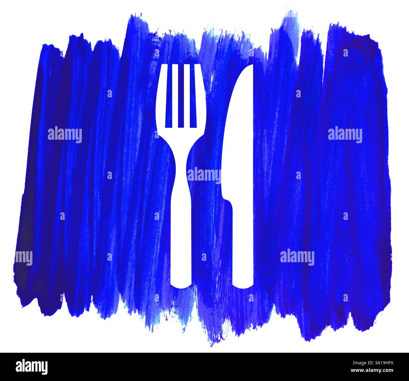 Messy blue color surface with cutlery symbol for restaurant food or ...