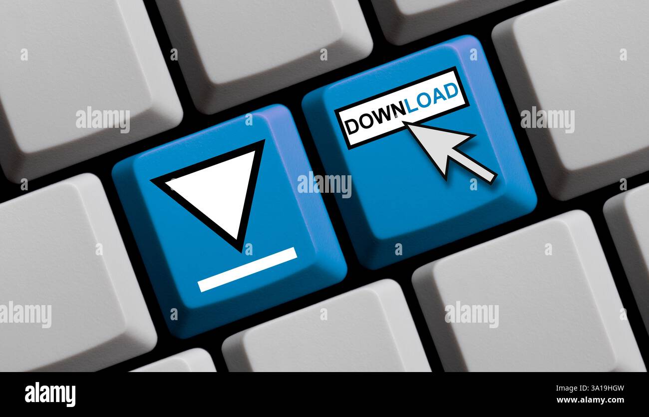 Blue keyboard with triangle and mouse arrow shows download online Stock ...