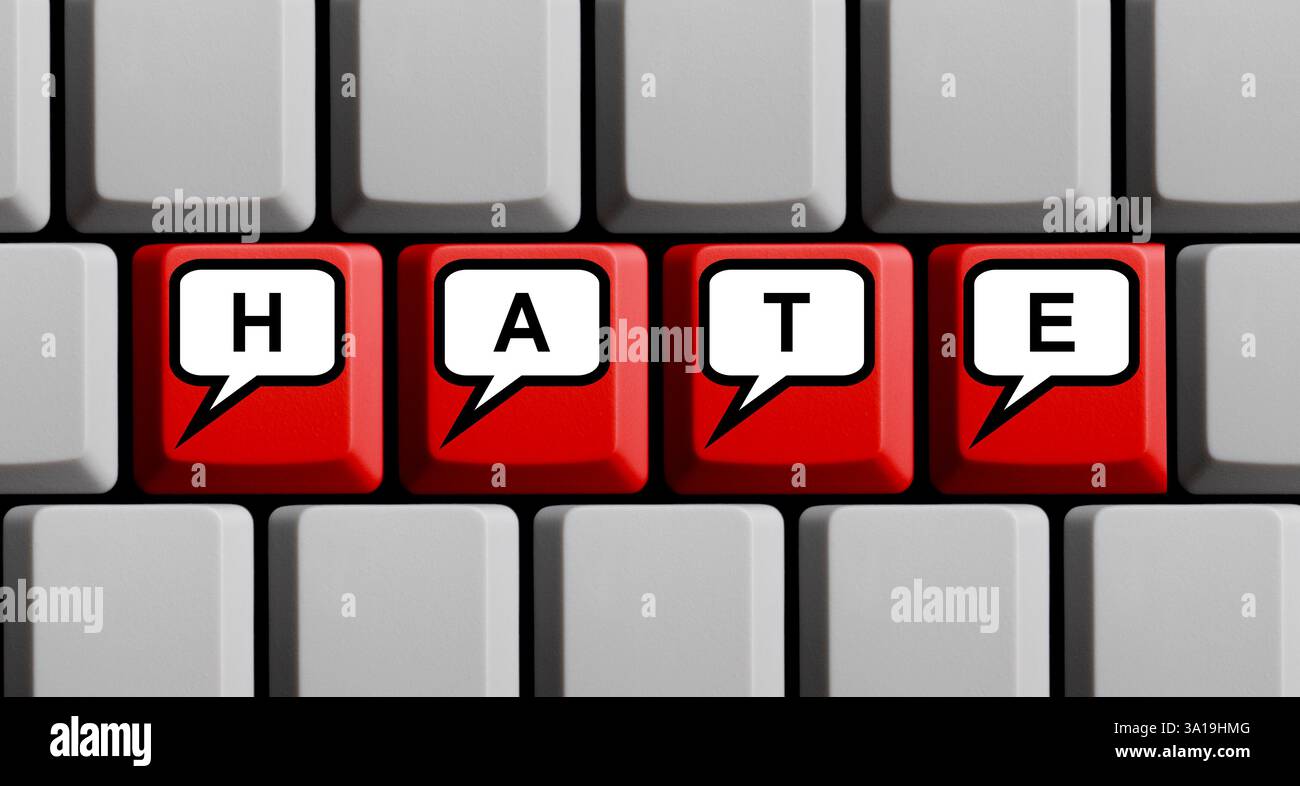 Red computer keyboard with speech bubbles shows hate online Stock Photo ...