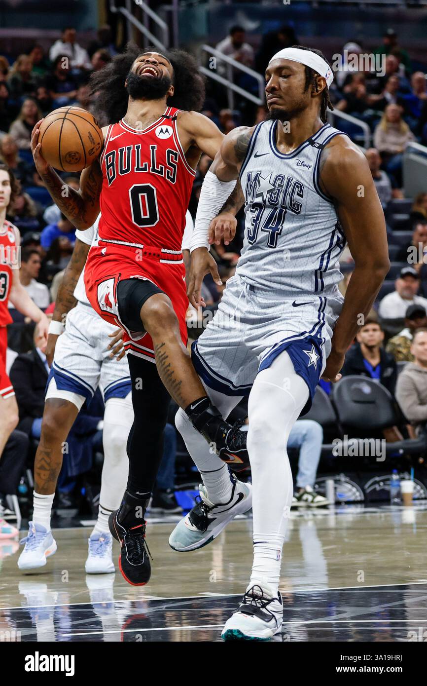 Chicago Bulls guard Coby White (0) and Orlando Magic center Wendell ...