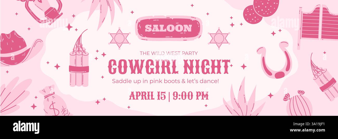A playful horizontal banner for a cowgirl-themed party featuring pink ...