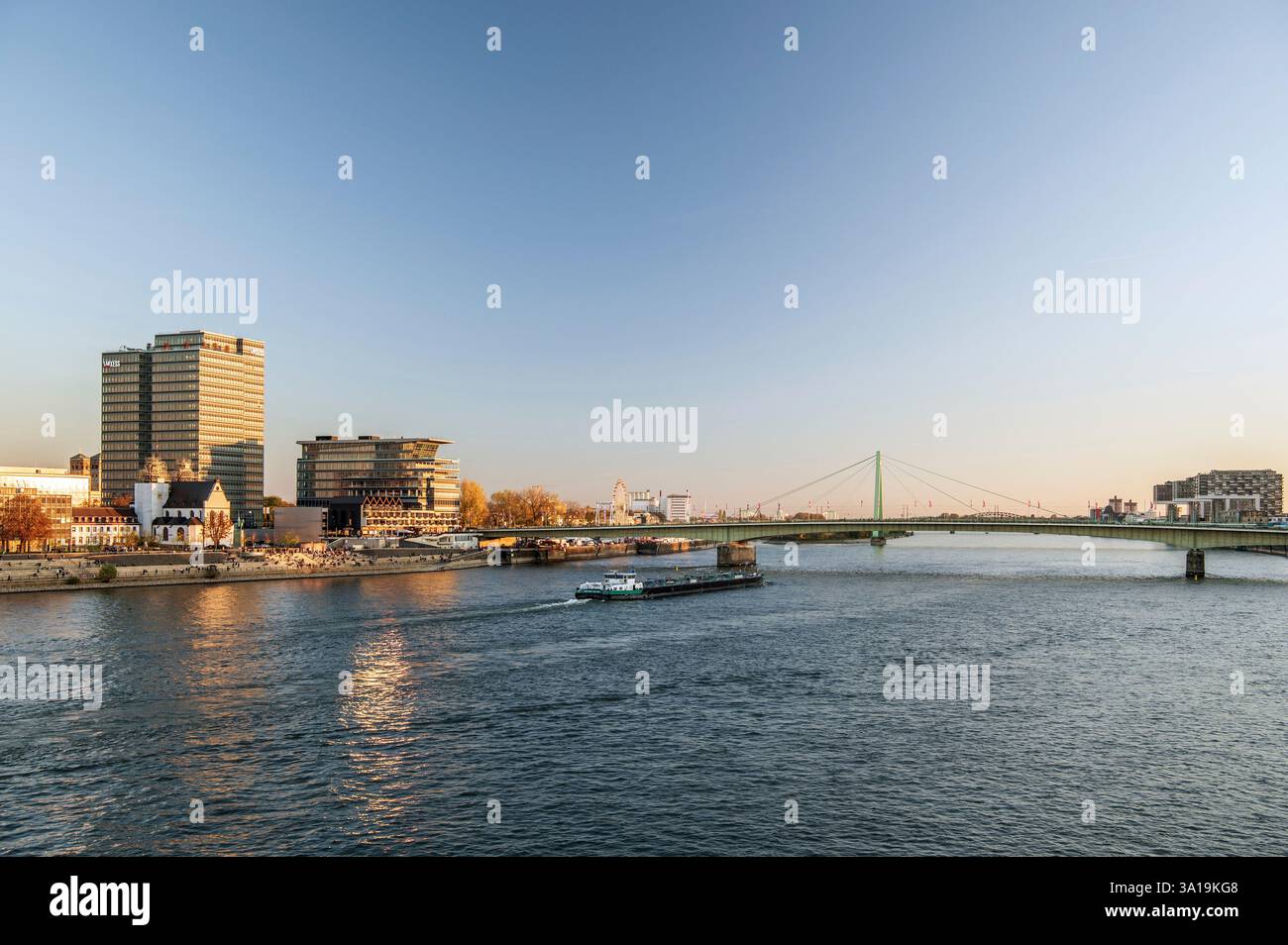 View over the Rhine to Cologne Deutz and the crane houses Stock Photo ...