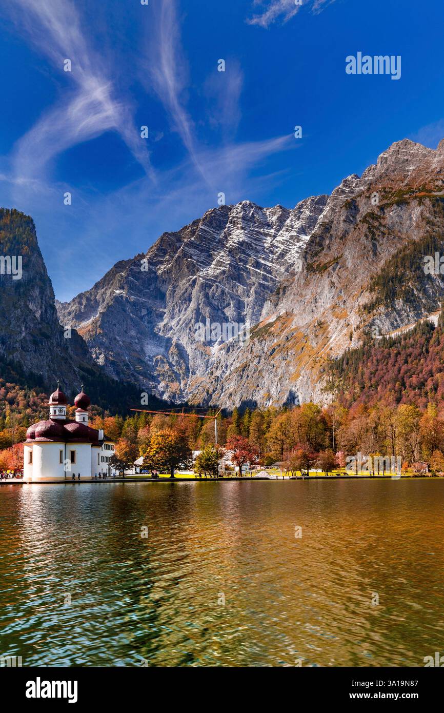 The pilgrimage church of St. Bartholomä on the Hirschau peninsula in ...
