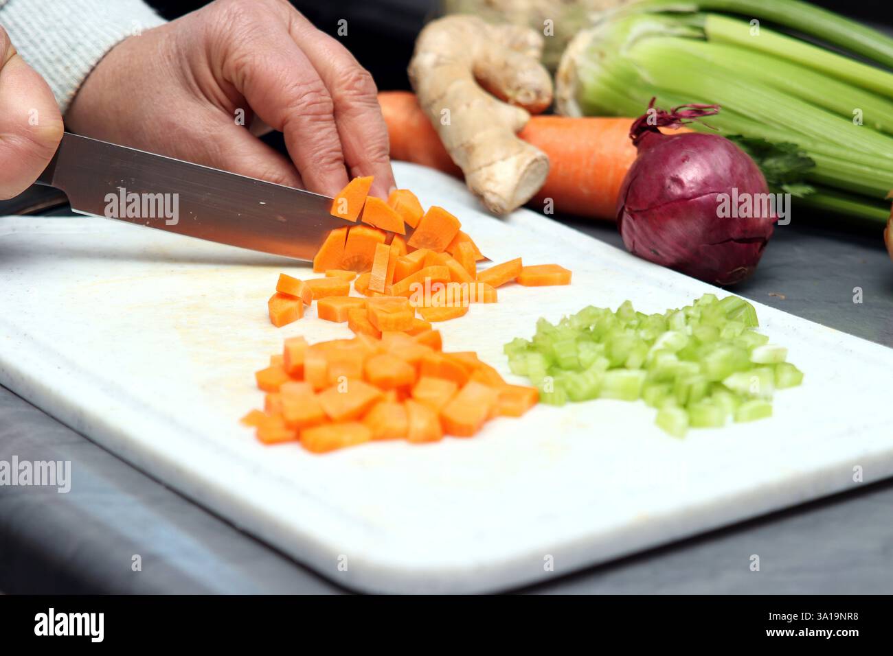 Woman cuts red onion knife hi-res stock photography and images - Alamy