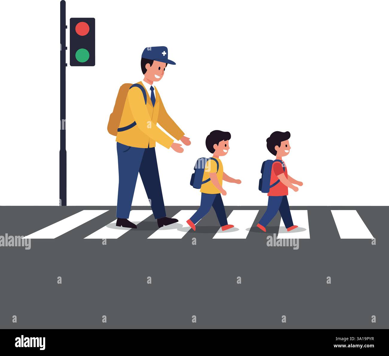 The image shows a father guiding his two children safely across a ...