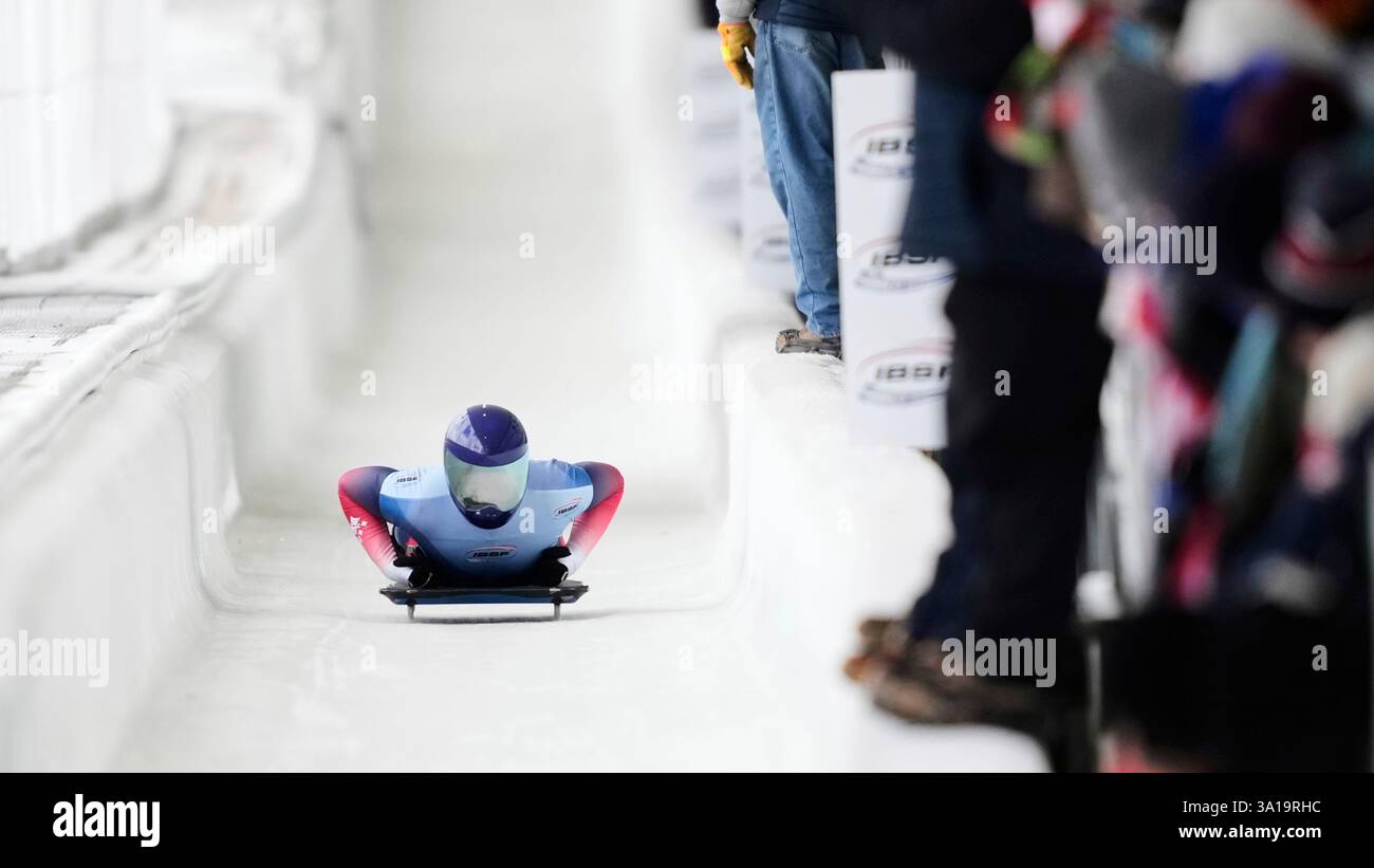 Laurence Bostock, of Britain, finishes his fourth run at the skeleton ...