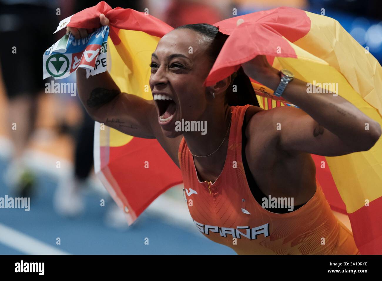 Spain's Ana Peleteiro-Compaore reacts after winning the triple jump ...