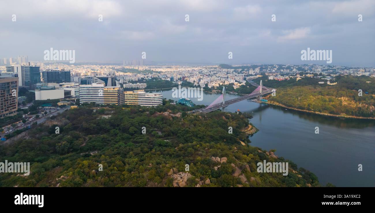 Aerial panoramic view of Durgam Cheruvu suspension bridge in Hyderabad ...
