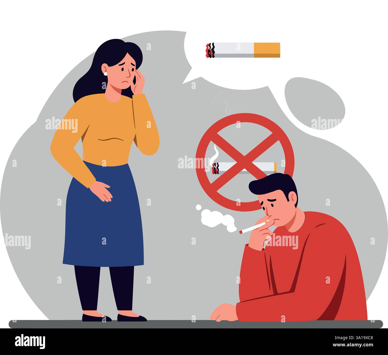 A worried woman gestures towards a smoking man, highlighting health ...