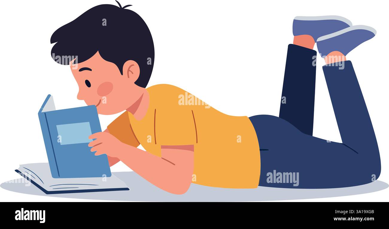 The boy transitions from reading a book to a more engaged position ...