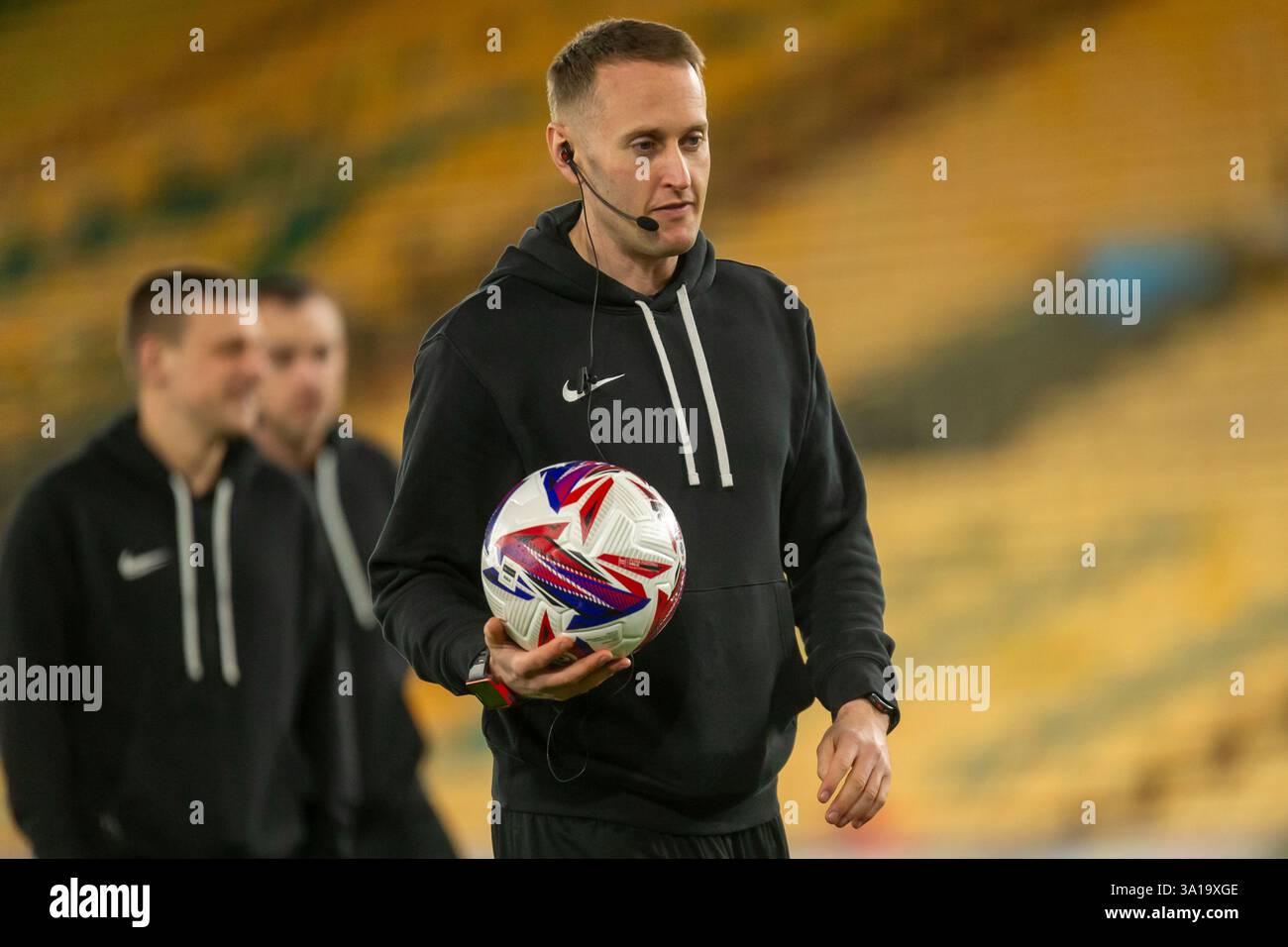 Referee James Bell inspects the pitch before the Sky Bet Championship ...