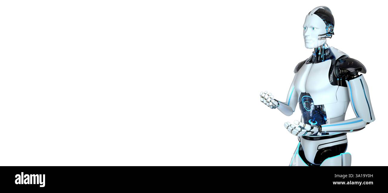 A white humanoid robot in the front of a white background. 3d ...