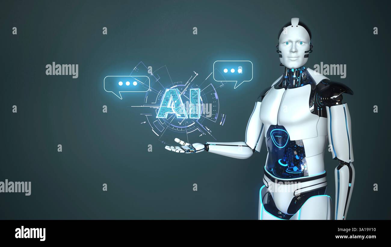 Humanoid robot with the speech bubbles and HUD Display. 3d illustration ...