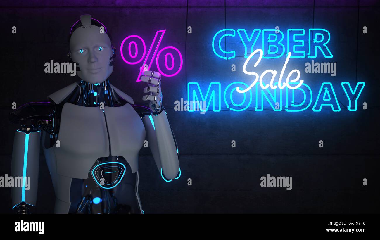 The robot with a neon sign Cyber Monday Sale. 3d illustration Stock ...