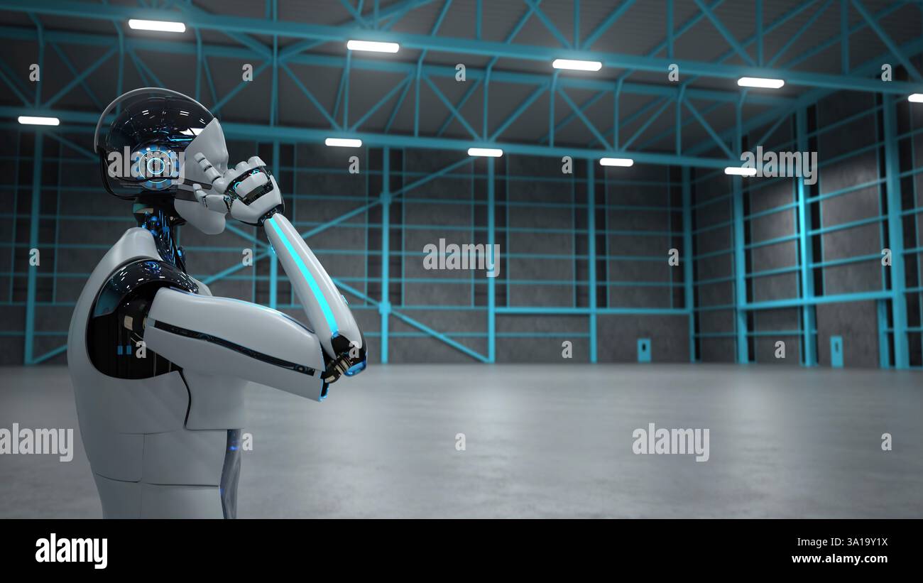 Thinking robot in an industrial hall. 3d illustration Stock Photo - Alamy