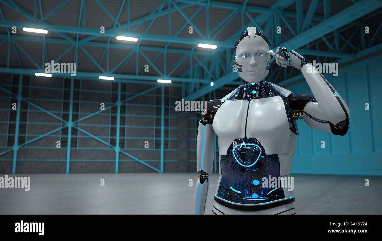 Thinking robot in an industrial hall. 3d illustration Stock Photo - Alamy