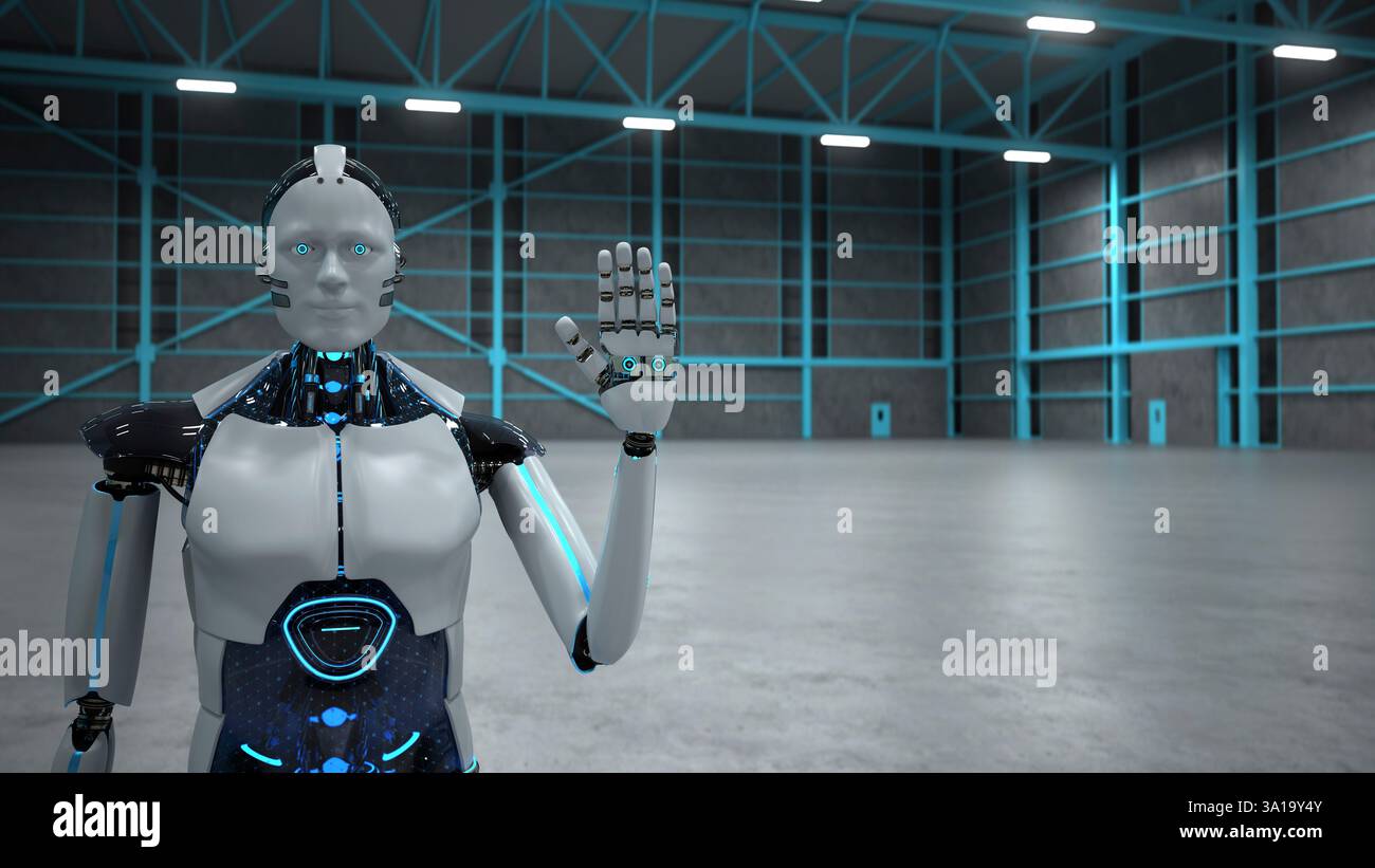 Greeting robot in an industrial hall. 3d illustration Stock Photo - Alamy