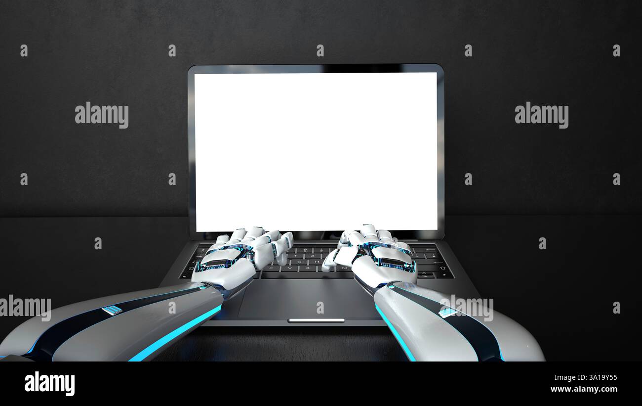 Robot typing on the laptop. 3d illustration Stock Photo - Alamy