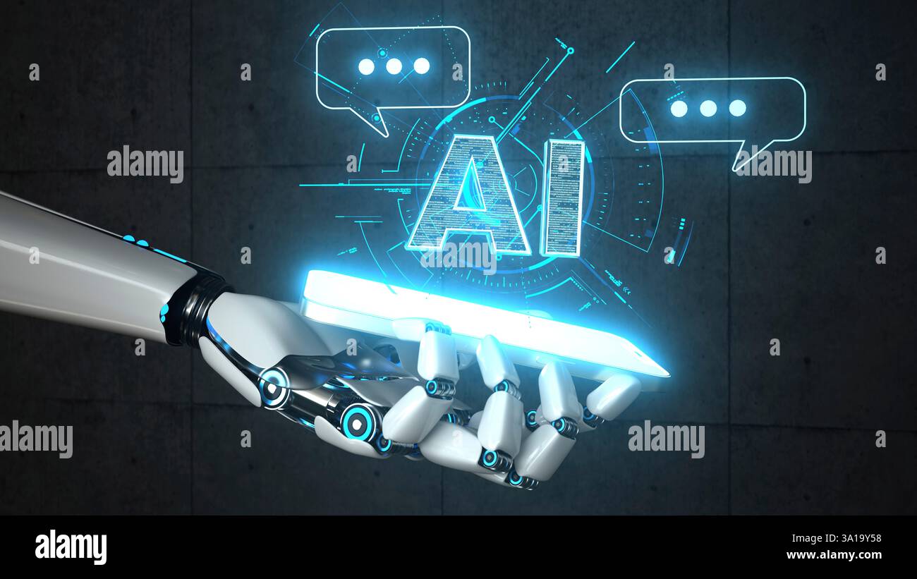 Humanoid robot hand with a smartphone and chat symbols. 3d illustration ...