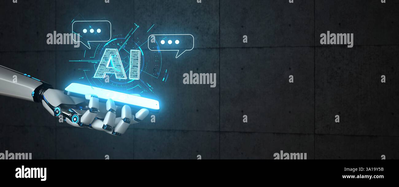 Humanoid robot hand with a smartphone and chat symbols. 3d illustration ...