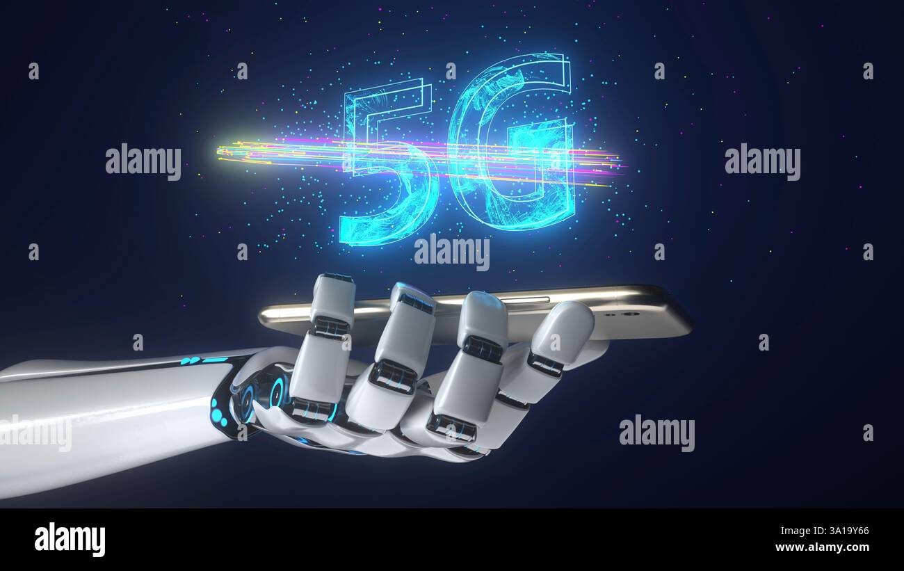 Humanoid robot hand with a smartphone and a text 5G. 3d illustration ...