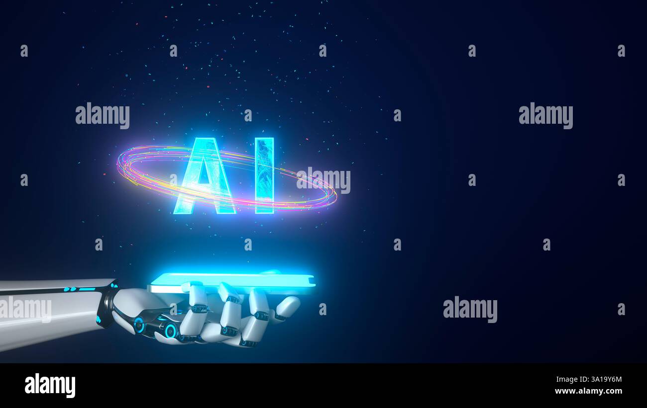 Humanoid robot hand with a smartphone text AI. 3d illustration Stock ...
