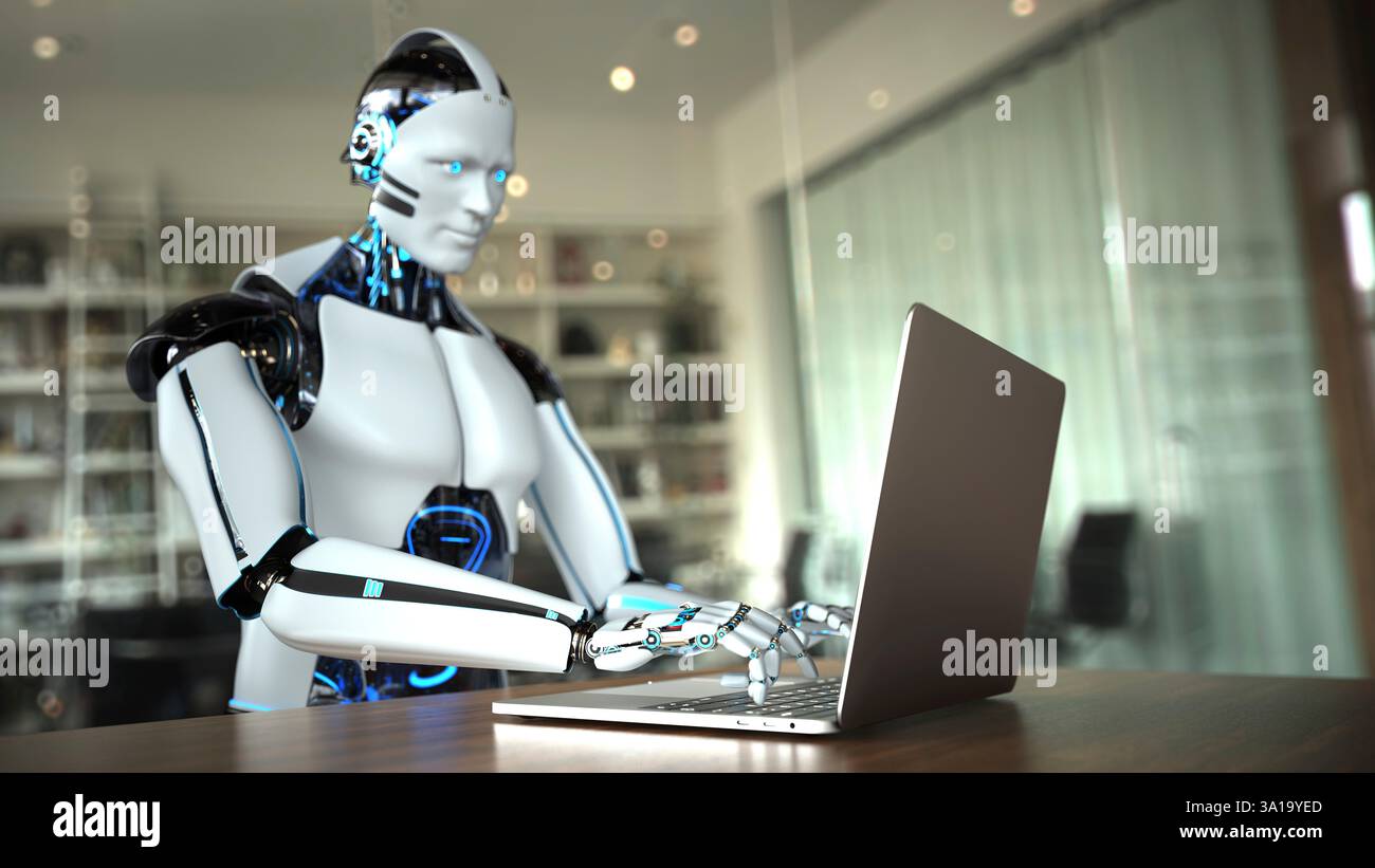 Humanoid robot typing on computer in office. 3d illustration Stock ...