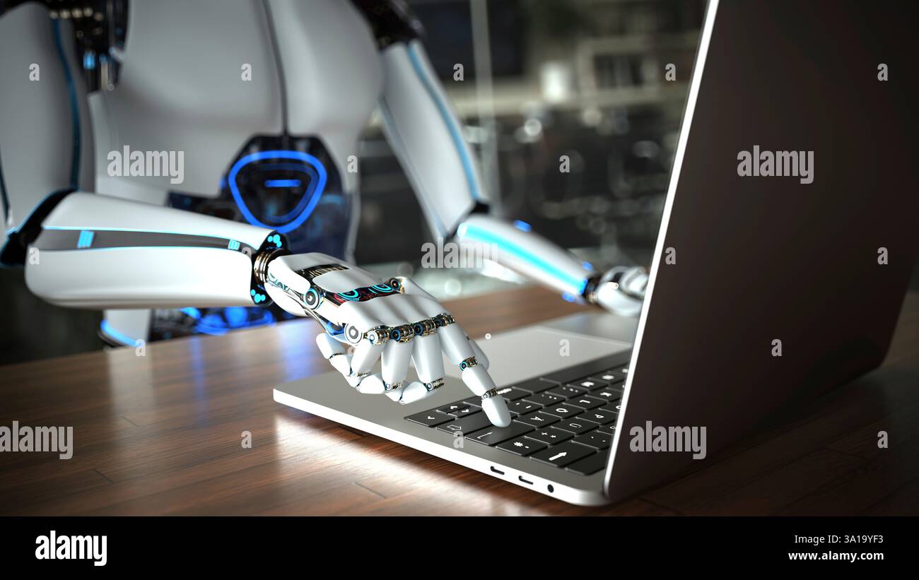 Humanoid robot typing on computer in office. 3d illustration Stock ...