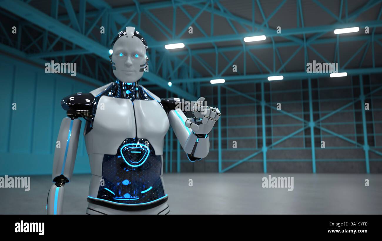 Humanoid robot in an industrial hall. 3d illustration Stock Photo - Alamy