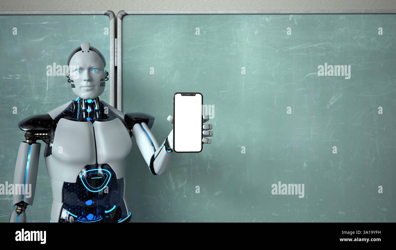 Humanoid robot in the classroom with a smartphone and green chalkboard ...
