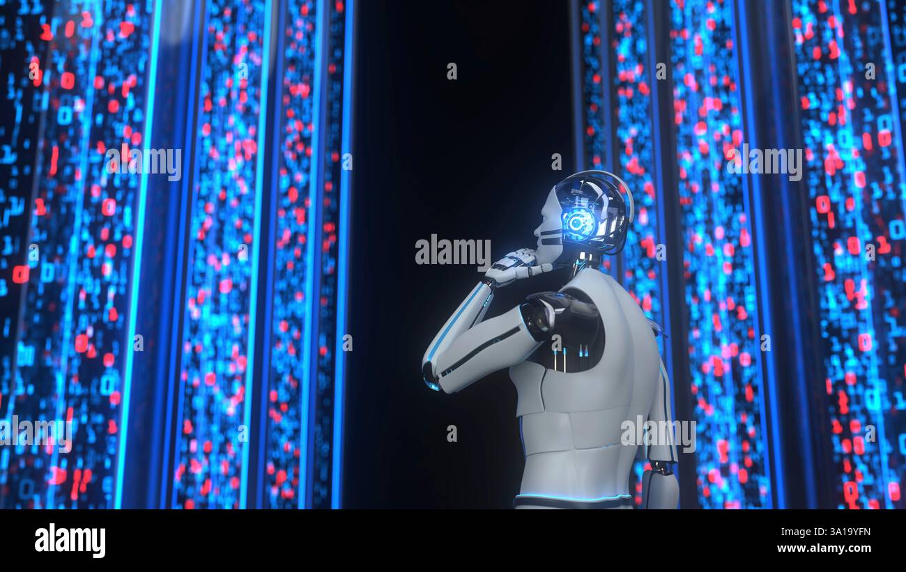 Humanoid robot in the midst of digital data blocks. 3d illustration ...