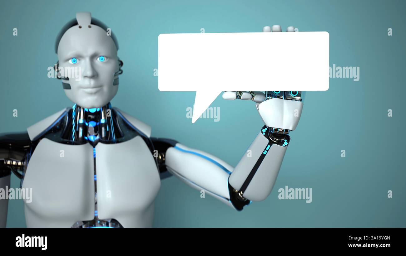 A robot with a white speech bubble. 3d illustration Stock Photo - Alamy