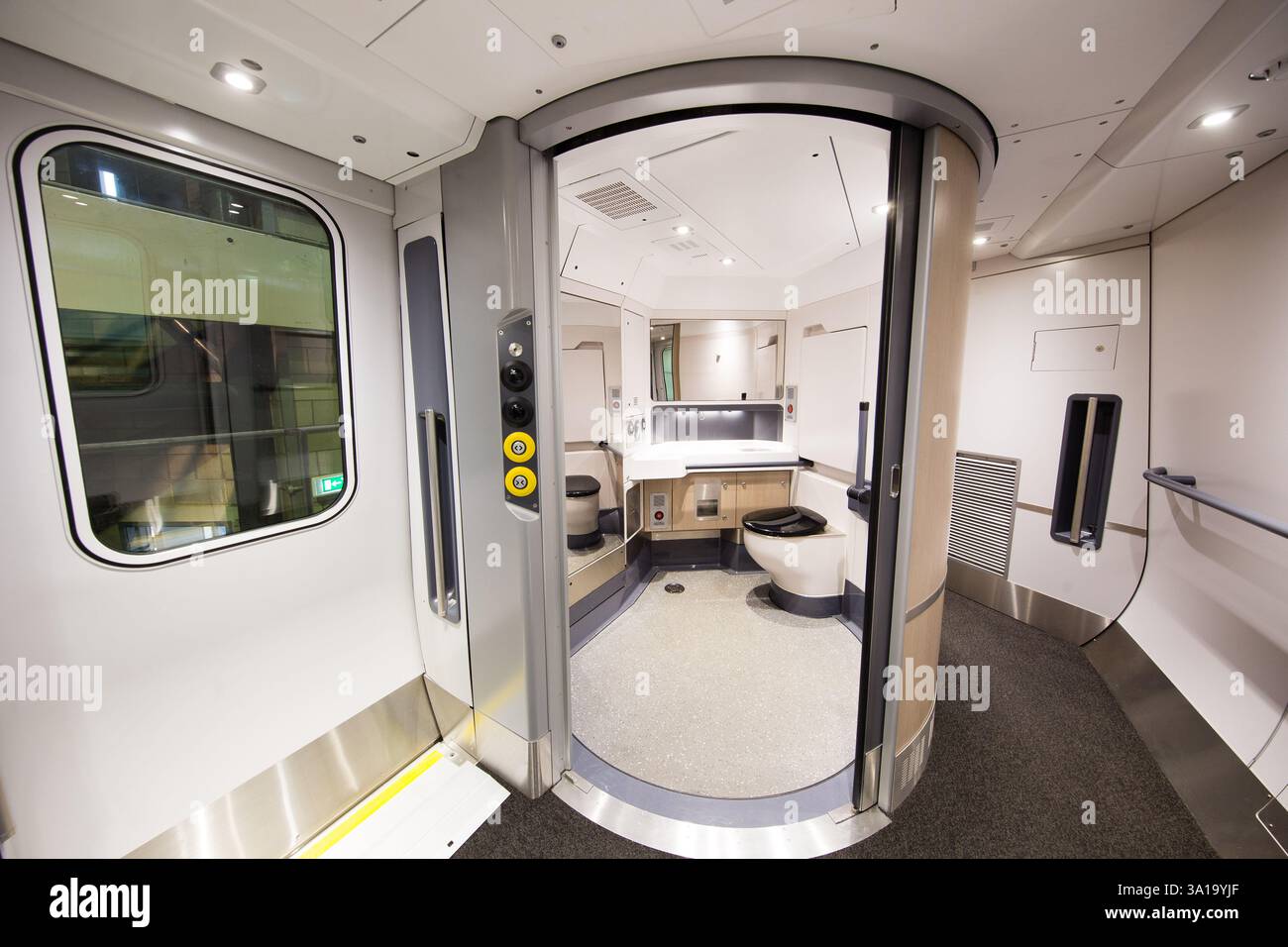 Modern train restroom, likely on a UK high-speed rail, featuring ...