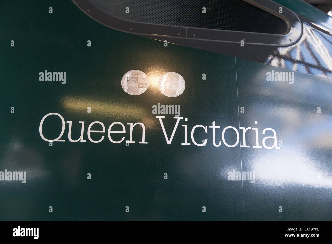 A Queen Victoria train. The name is on the side of the train. The GWR ...