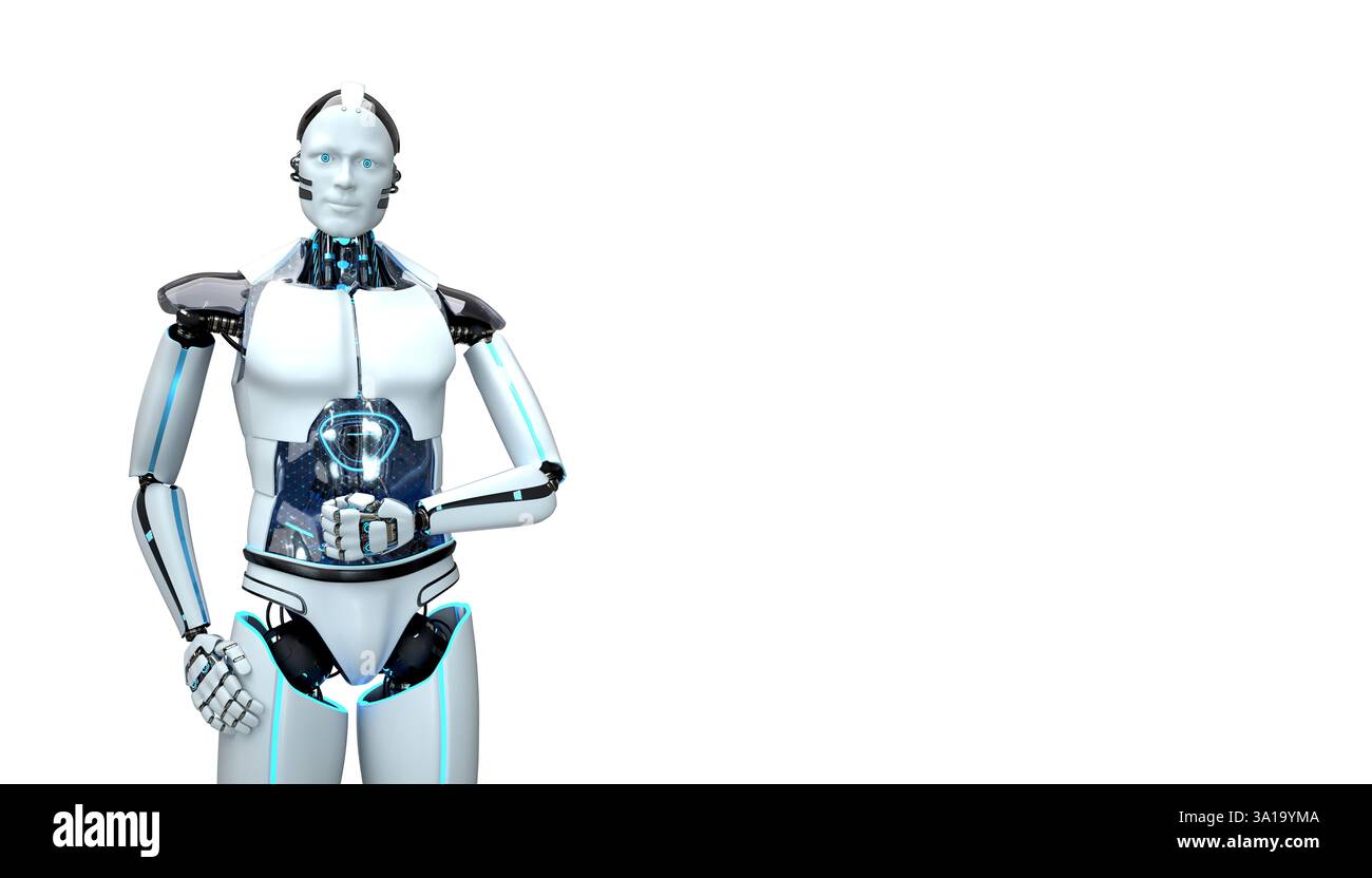 A white humanoid robot in front of a white background. 3d illustration ...
