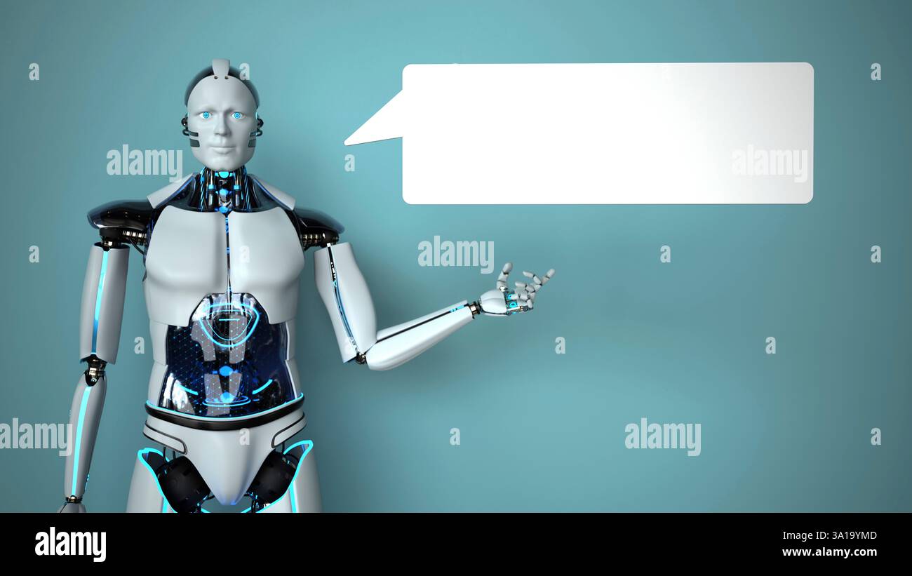 A robot with a white speech bubble. 3d illustration Stock Photo - Alamy