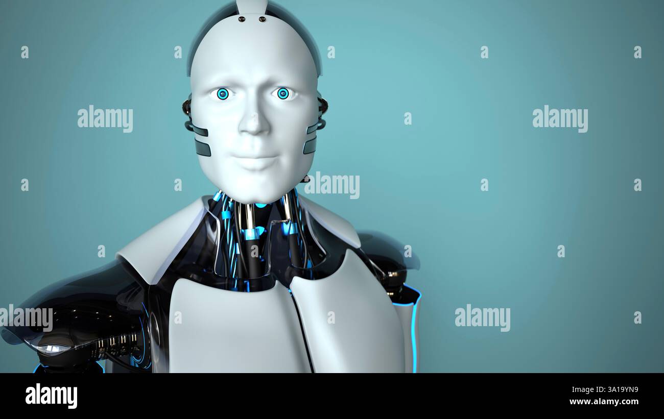 White humanoid robot in front of turquoise wall 3d illustration hi-res ...