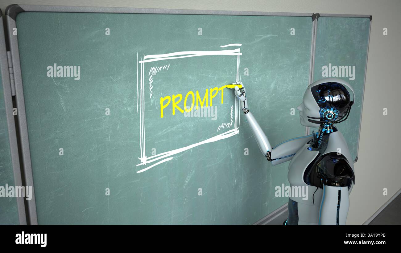 Humanoid robot teacher writing the word Prompt on the chalkboard. 3d ...