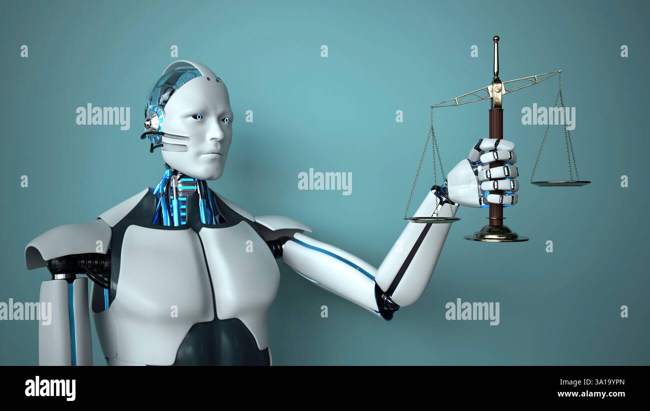 Humanoid robot holds the scales of justice. 3d illustration Stock Photo ...