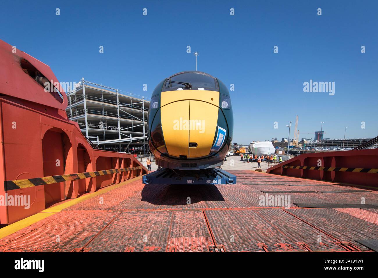 Arrival of model train at Southampton Port on board a transport vessel ...
